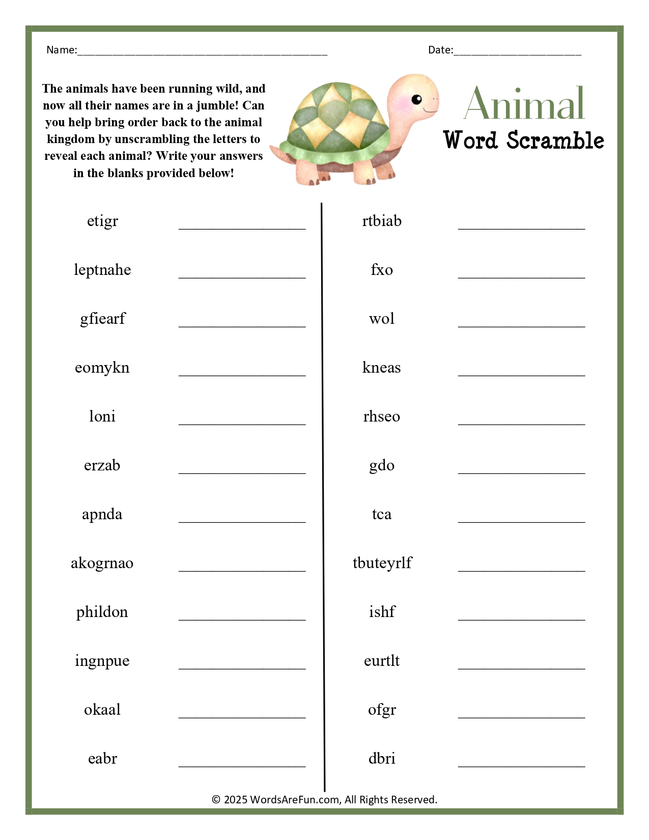 Animal Word Scramble