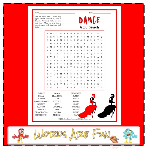 Dance Word Search for Kids